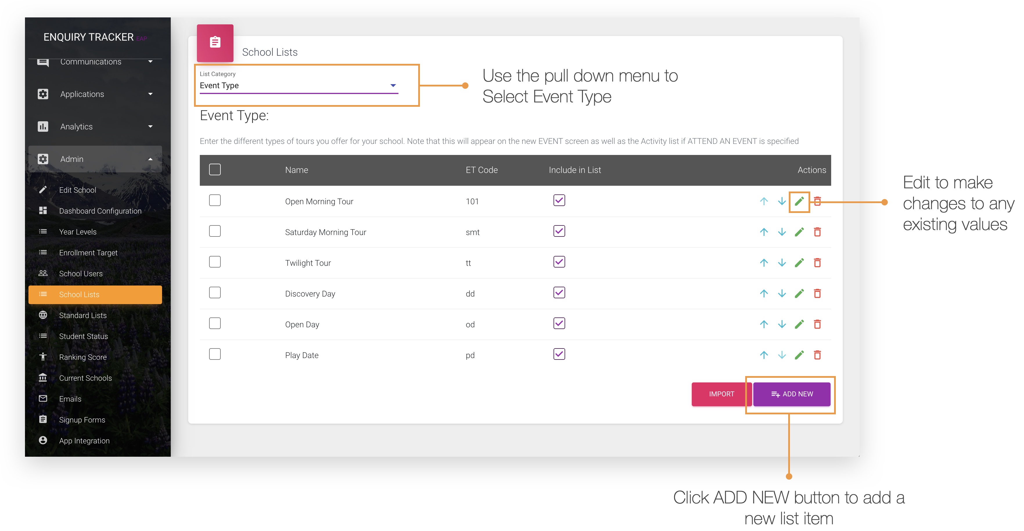 Creating different event names – Enquiry Tracker