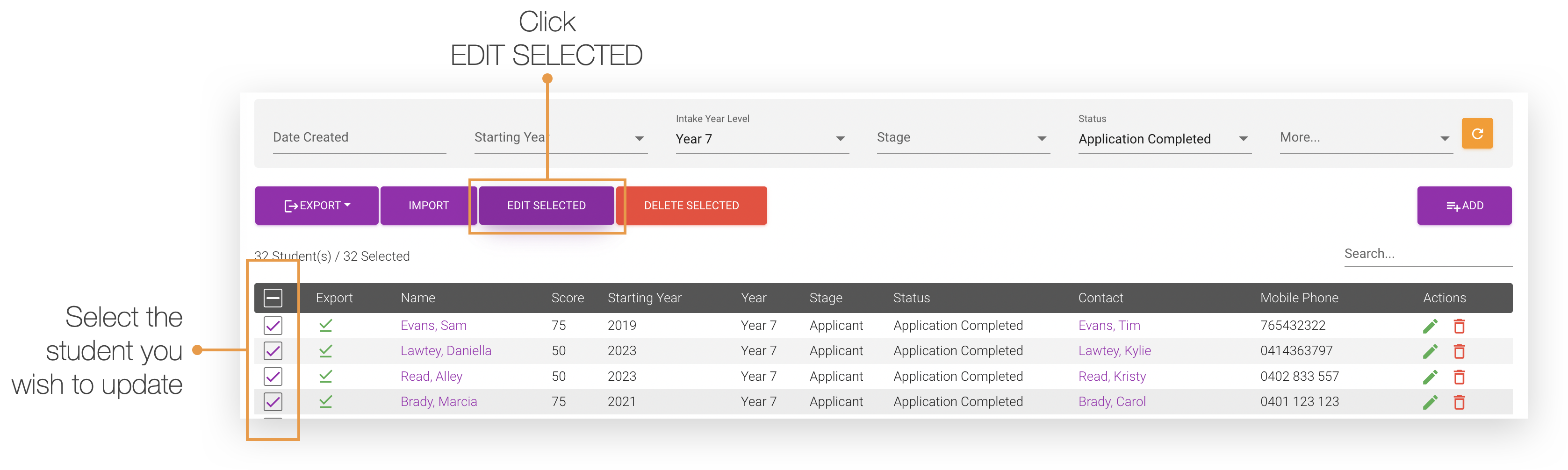 Bulk Edit Students – Enquiry Tracker
