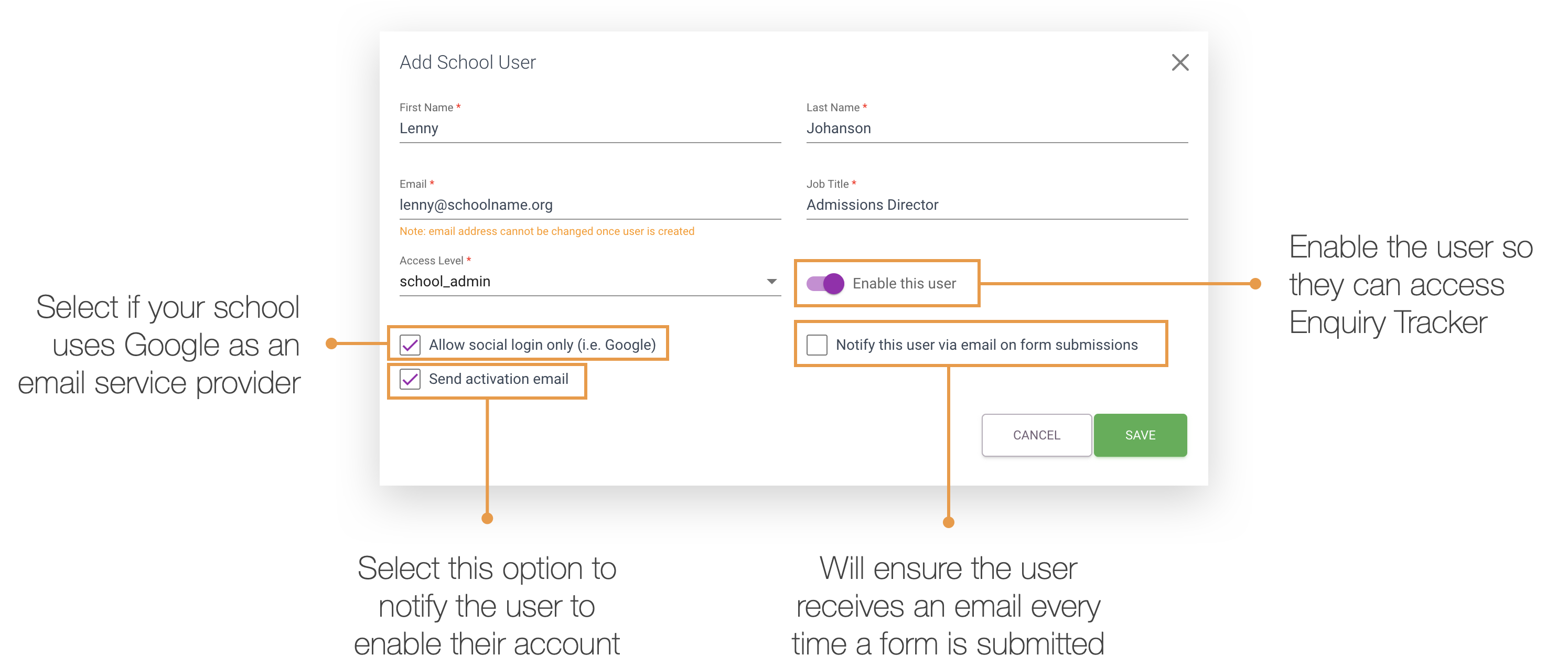 How to add, edit or delete a school user – Enquiry Tracker