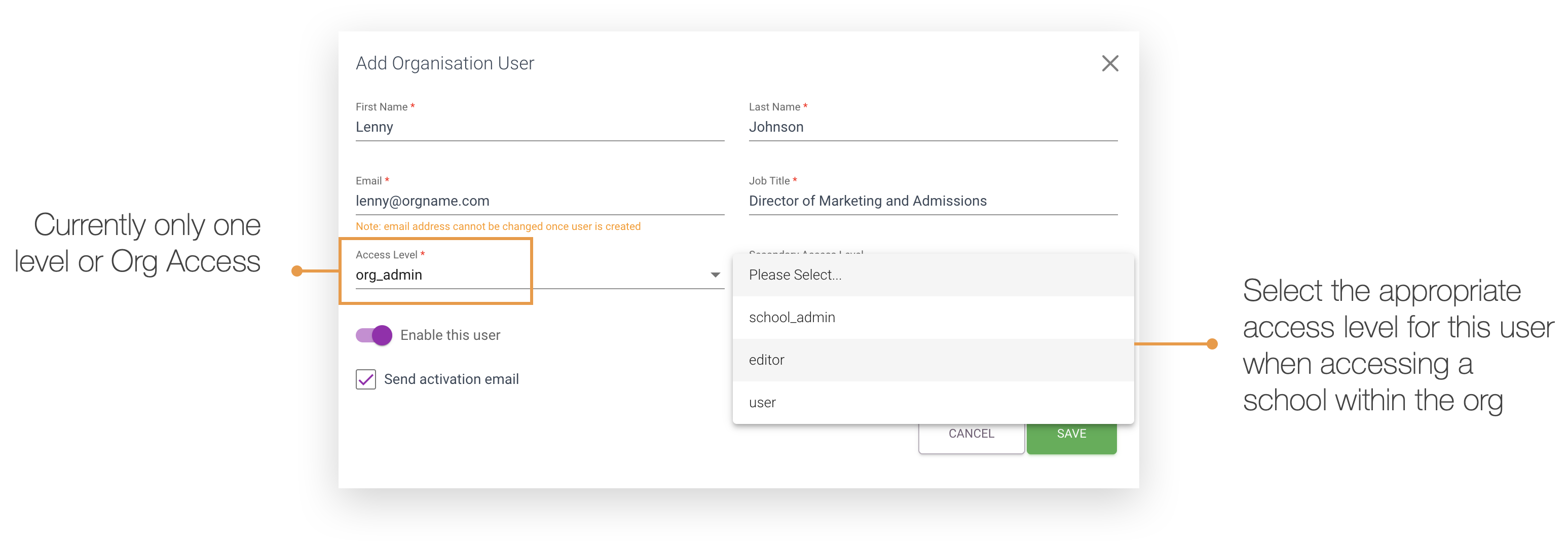Org User Access Levels – Enquiry Tracker