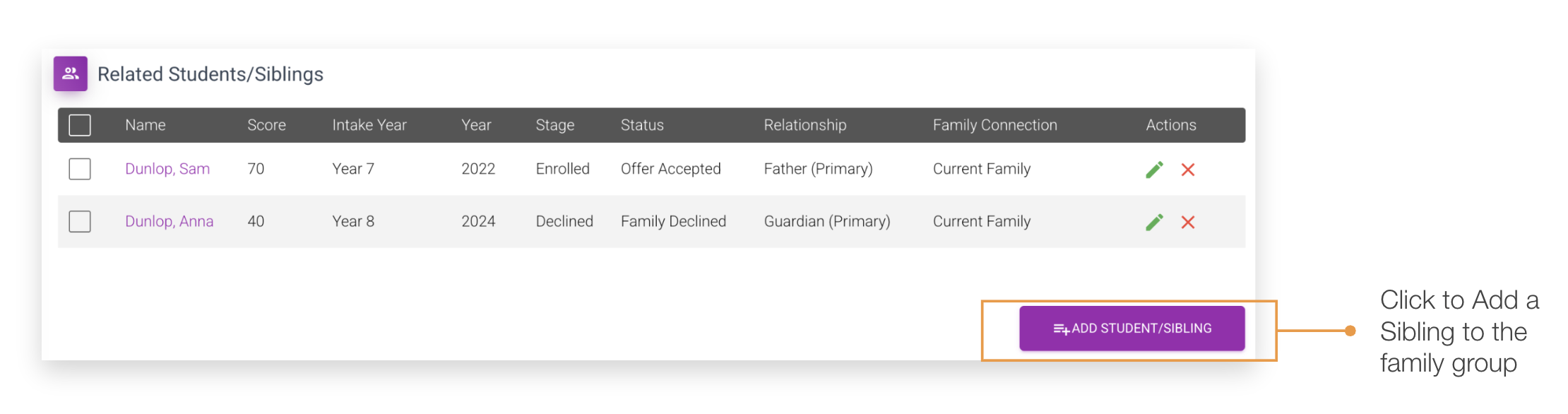 Adding a Sibling – Enquiry Tracker