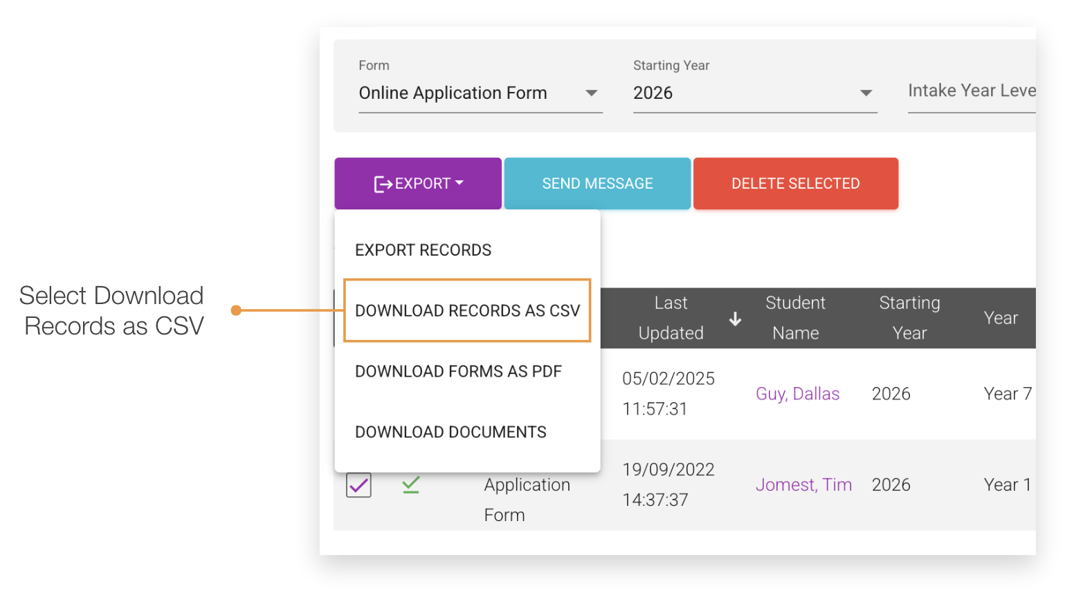 Export/Download Records to CSV – Enquiry Tracker
