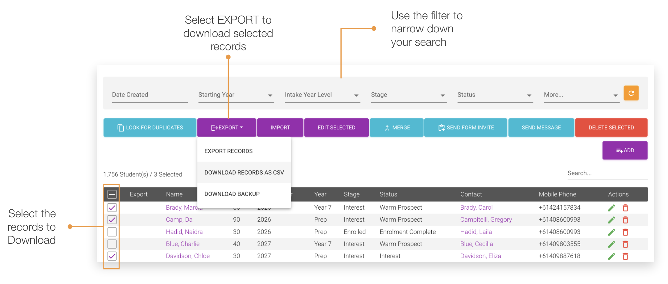 Export/Download Records to CSV – Enquiry Tracker