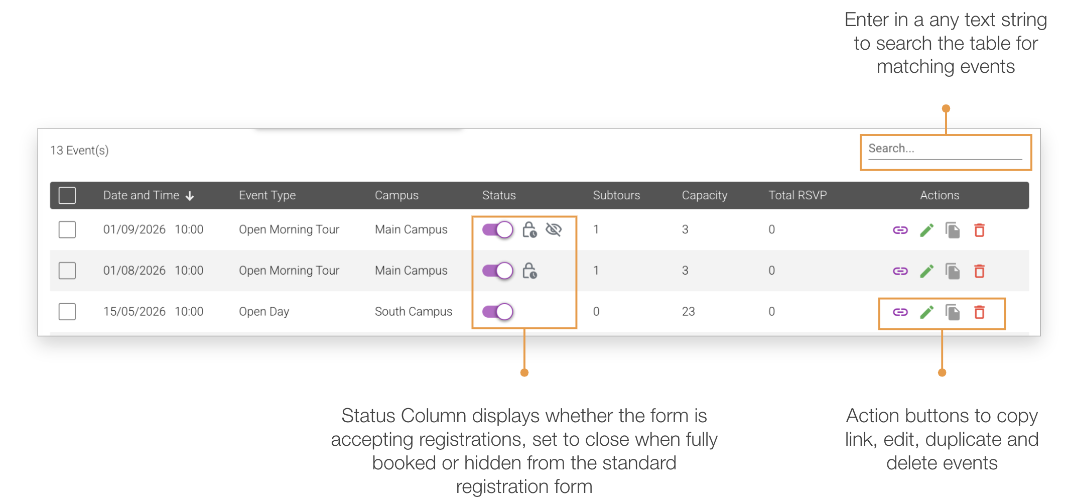 Event List Screen – Enquiry Tracker