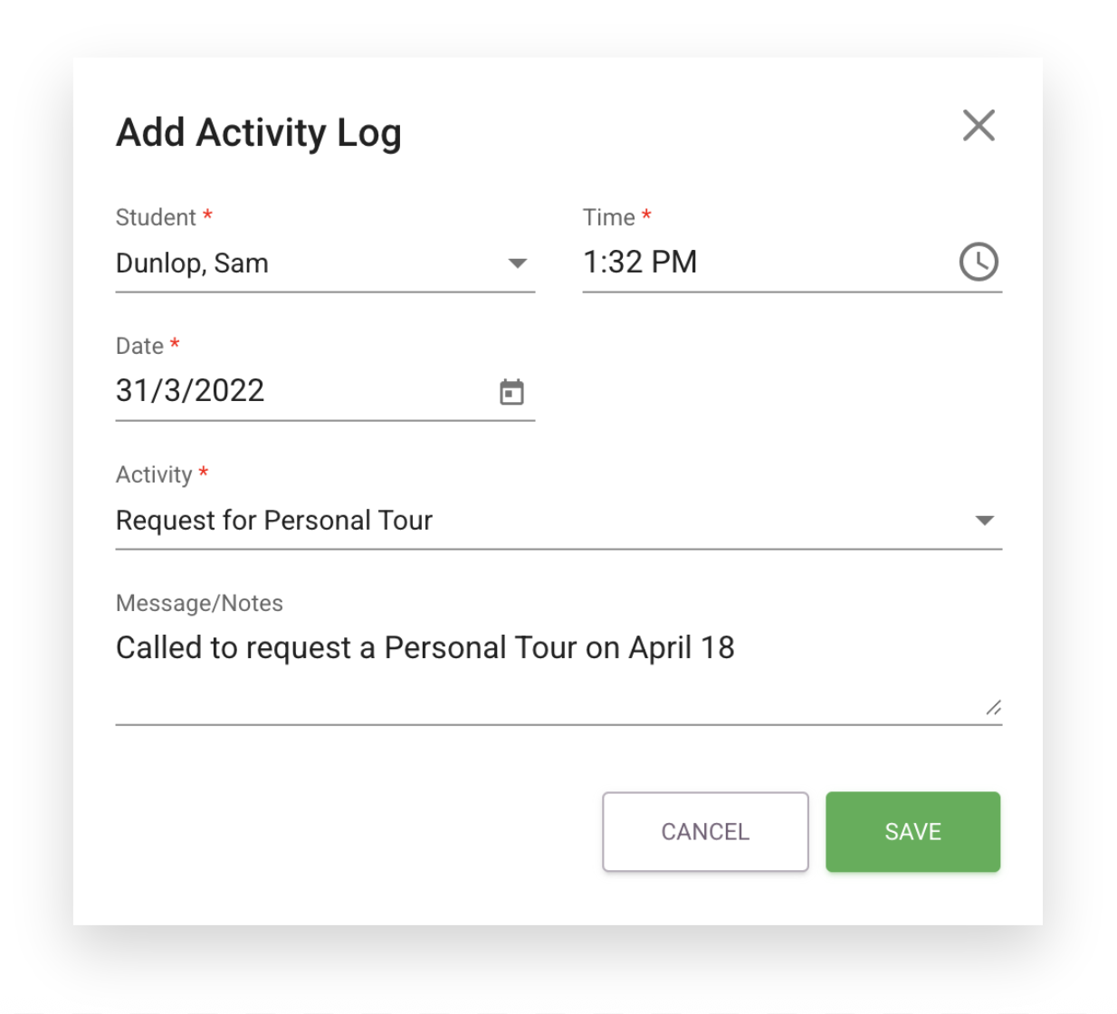 Adding an Activity Log Entry – Enquiry Tracker