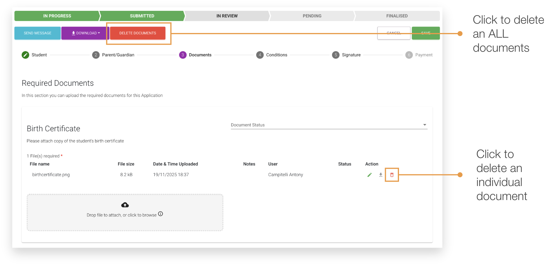 Deleting Documents from Apply Forms – Enquiry Tracker