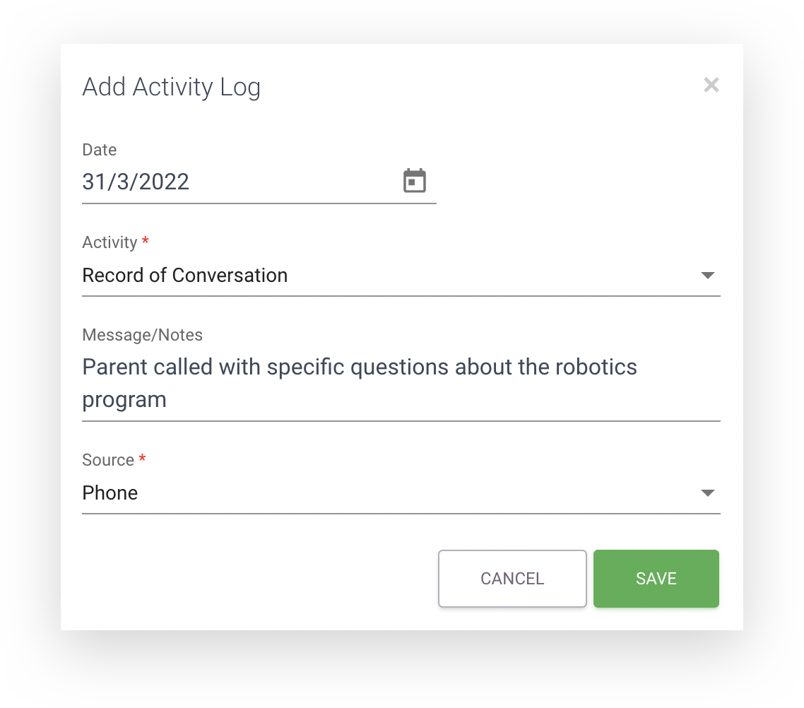 Adding an Activity Log Entry – Enquiry Tracker
