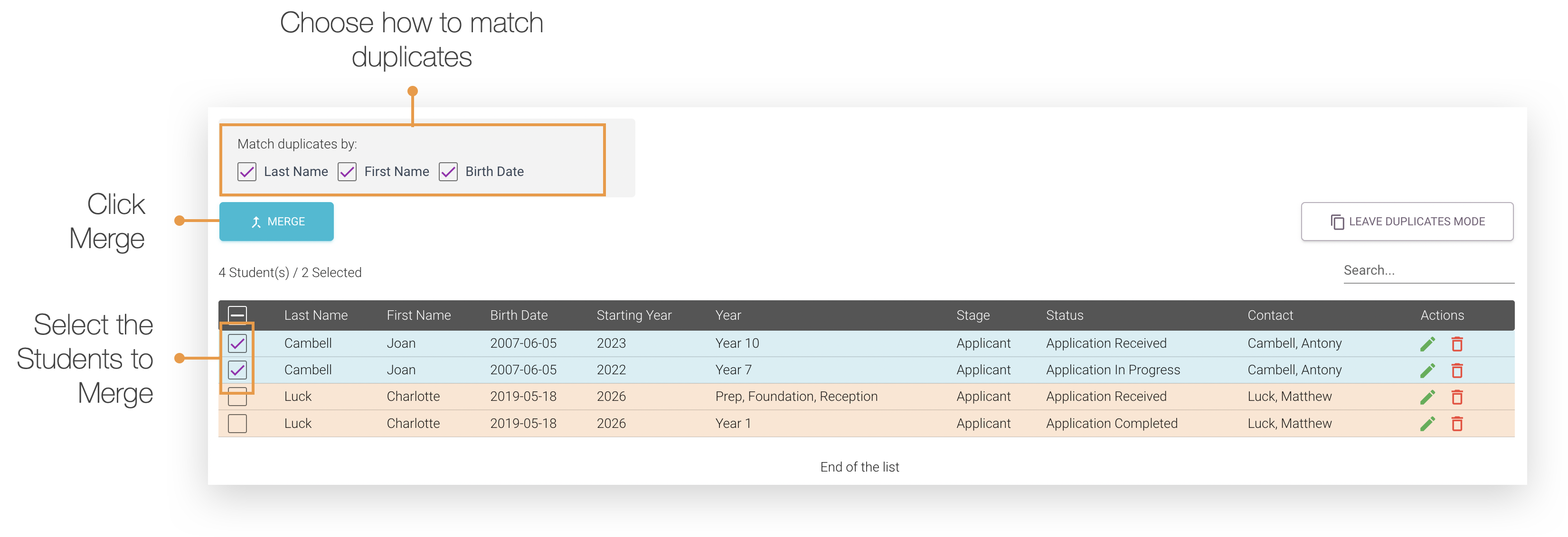 Searching for Duplicate Students – Enquiry Tracker